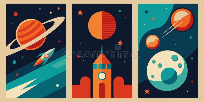 Retro Space Exploration Posters: Cosmic Rockets and Planets for Retro ...