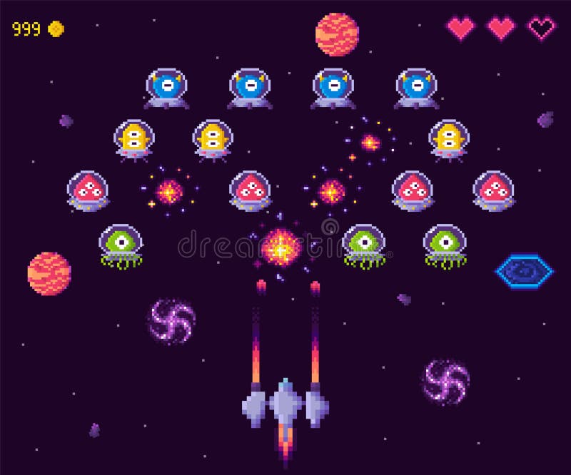Retro Space Shooter Game With Ufos Aliens And Explosions In Outer Space Stock Vector