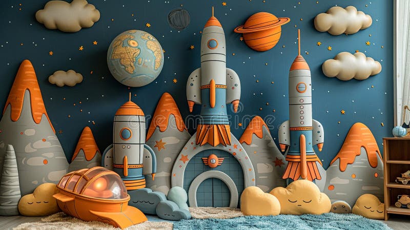 Retro Space-themed Kids Room with Planets and Rocket Models Stock Photo ...