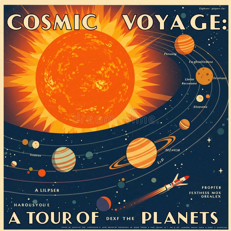 Retro Space-themed Poster Featuring a Large, Fiery Sun and Orbiting ...