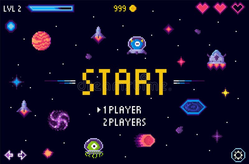 Retro Space-Themed Start Screen for a Pixel Arcade Game with Various ...