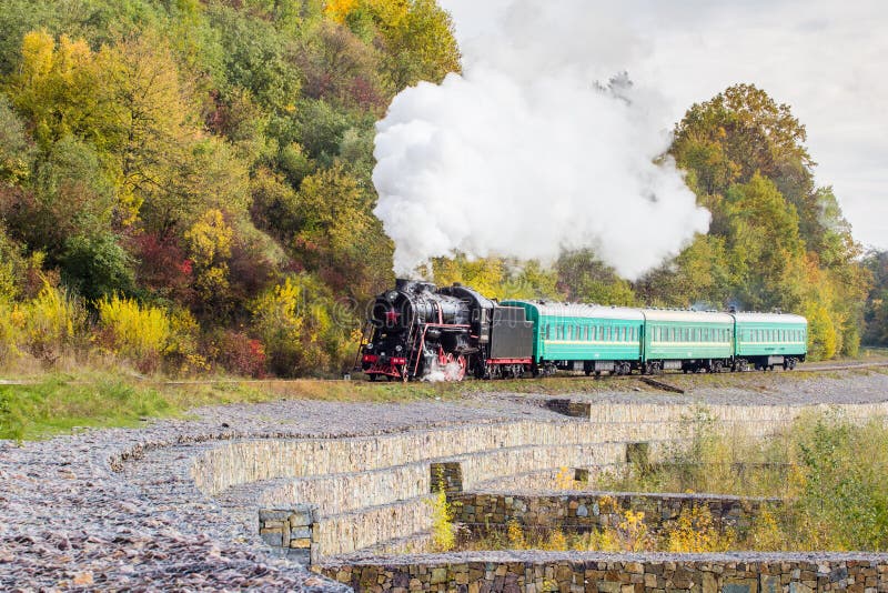 Retro Steam Train Approaches Mountains Stock Image - Image of landscape ...