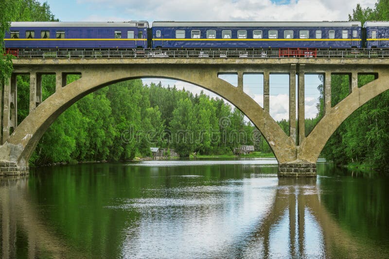 Retro Steam Train Moves Above the River Stock Photo - Image of ...