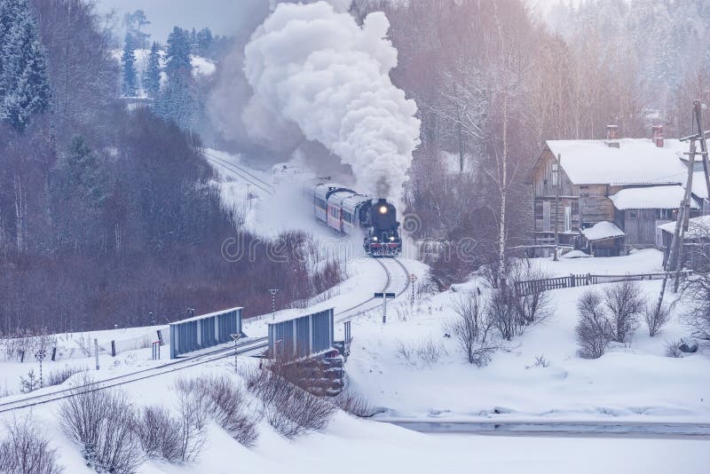 Retro Steam Train Moves at Winter Day Stock Photo - Image of train ...