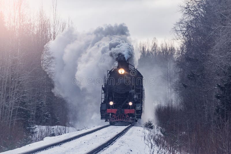 Retro Steam Train Moves at Winter Stock Image - Image of sunset ...