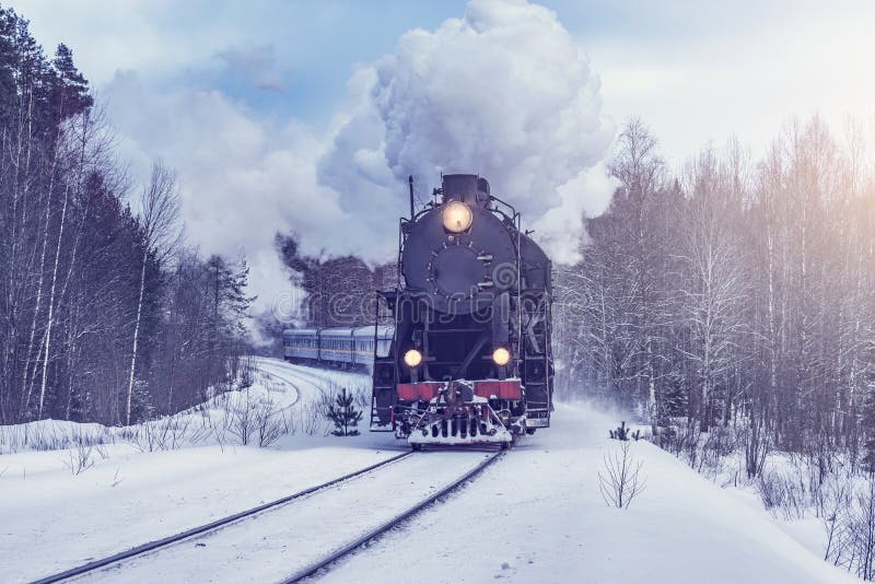Retro Steam Train Moves at Winter Morning Stock Image - Image of ...