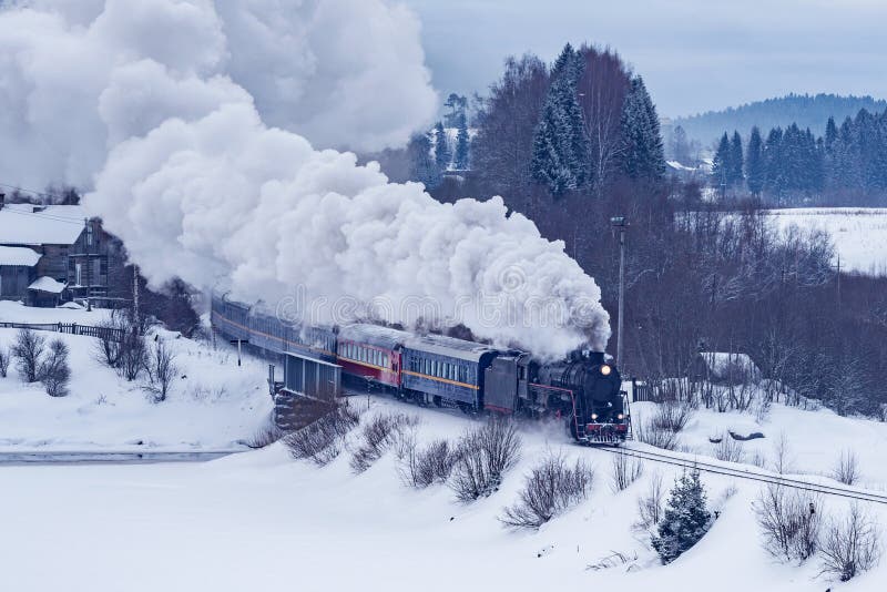 Retro Steam Train Moves at Winter Morning Stock Image - Image of ...