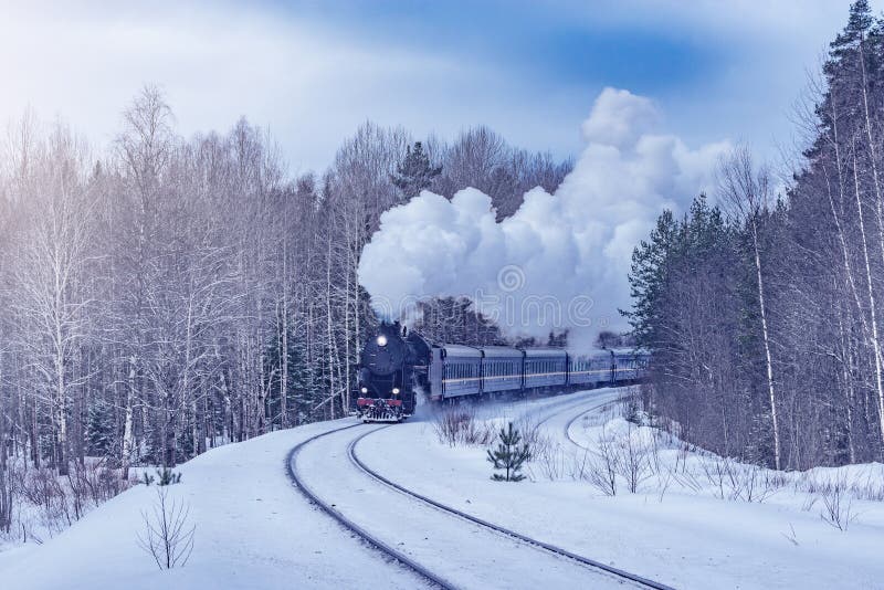 Retro Steam Train Moves at Winter Morning Stock Image - Image of ...