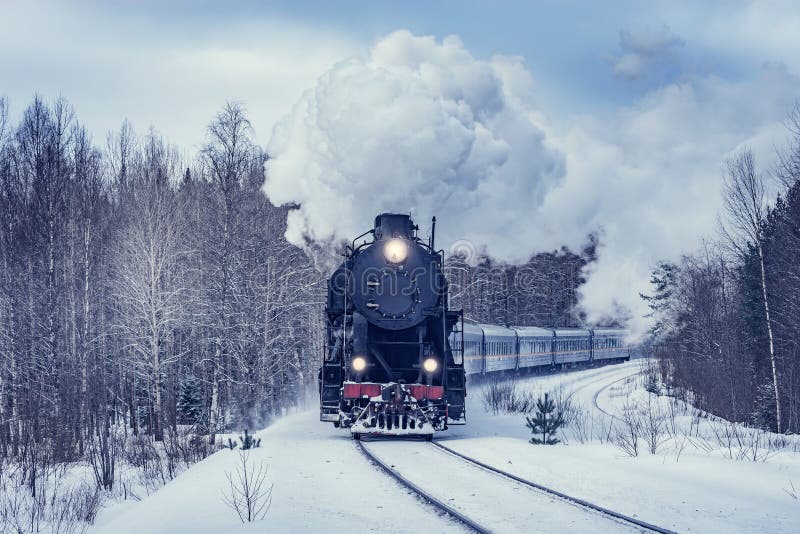 Retro Steam Train Moves at Winter Morning Stock Photo - Image of cold ...