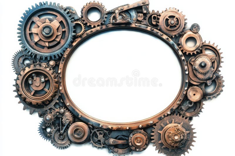 Retro Steampunk Design with Gears and Cogs on a Plain White Background ...