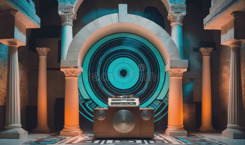 A Retro Stereo System Sits in Front of a Large, Blue, Circular Pattern ...
