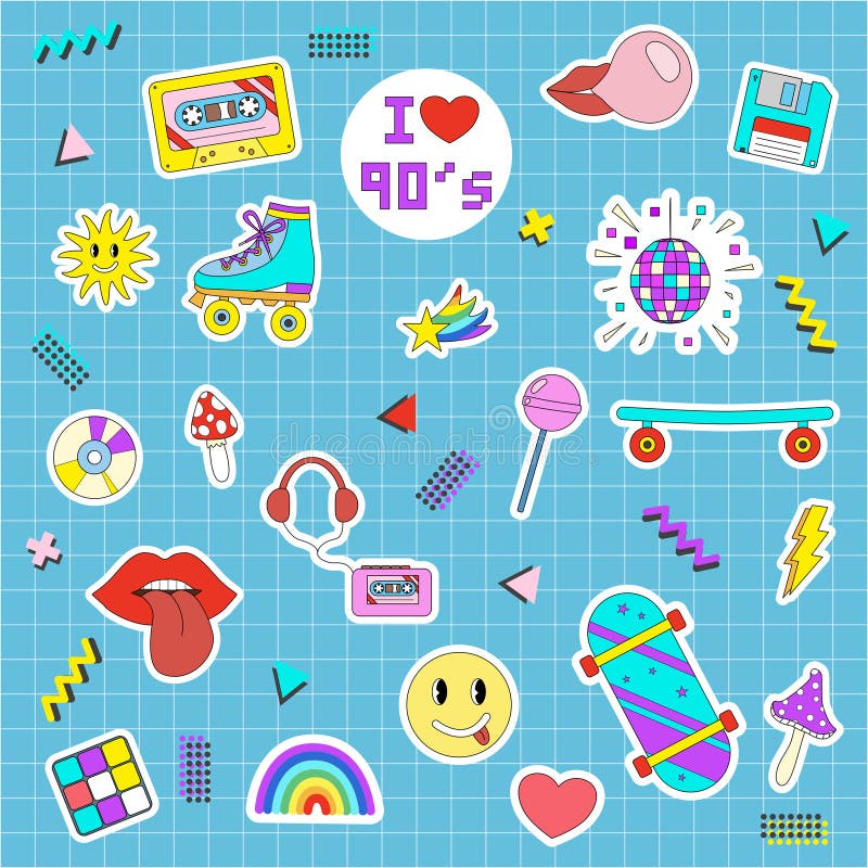 Retro Sticker Pack I Love 90s with Different Old Fashioned Elements ...