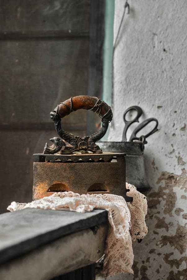 Retro Still Life with Old Rusty Iron and Textile Stock Photo - Image of ...