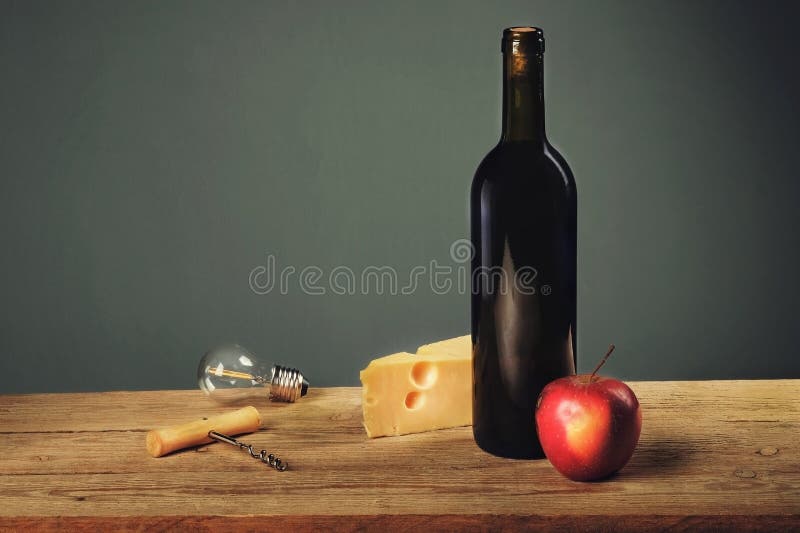 Retro Still Life with Wine and Cheese Light Bulb Stock Photo - Image of ...