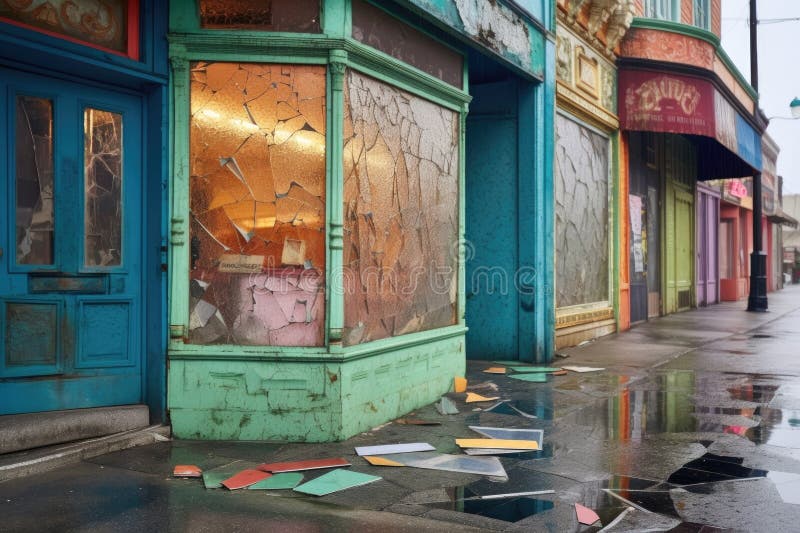 Retro Storefronts with Peeling Paint and Shattered Glass Stock ...