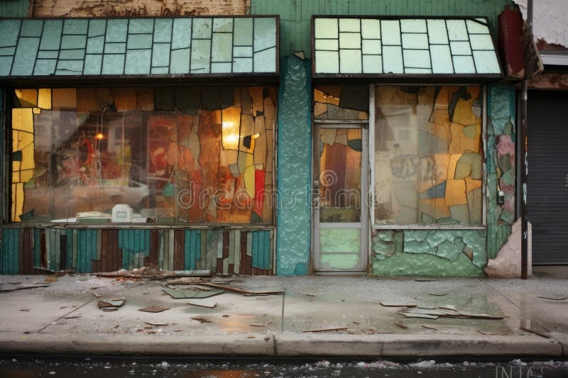 Retro Storefronts with Peeling Paint and Shattered Glass Stock ...