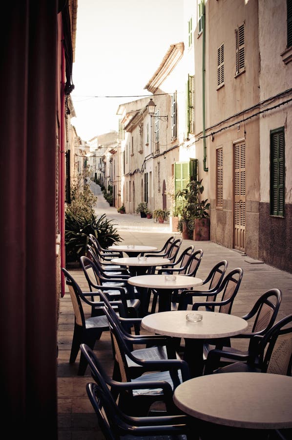 Spanish Cafe In Narrow Street Alley Stock Image - Image of wanderlust ...