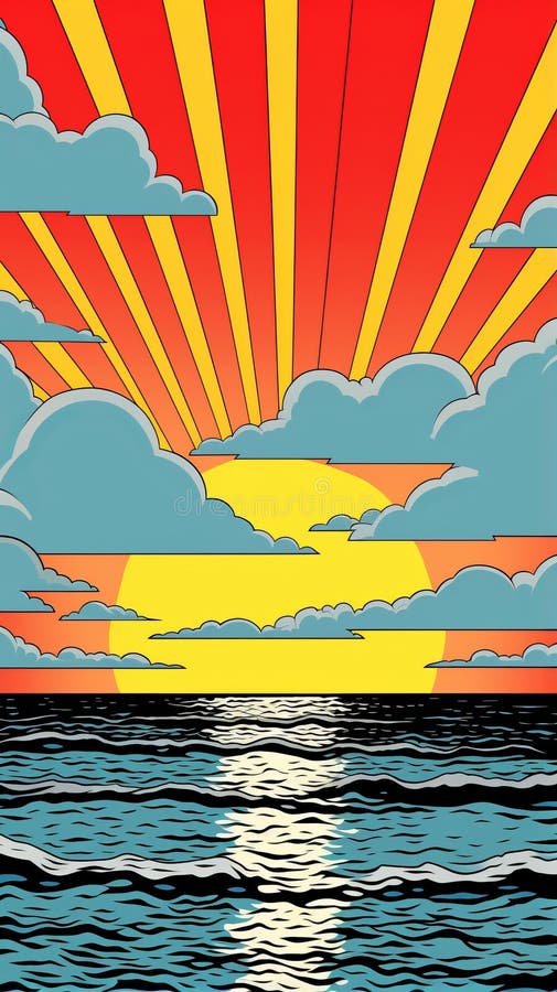 Pop Art Sunrise: Detailed Illustration of a Beach Sunset Stock ...