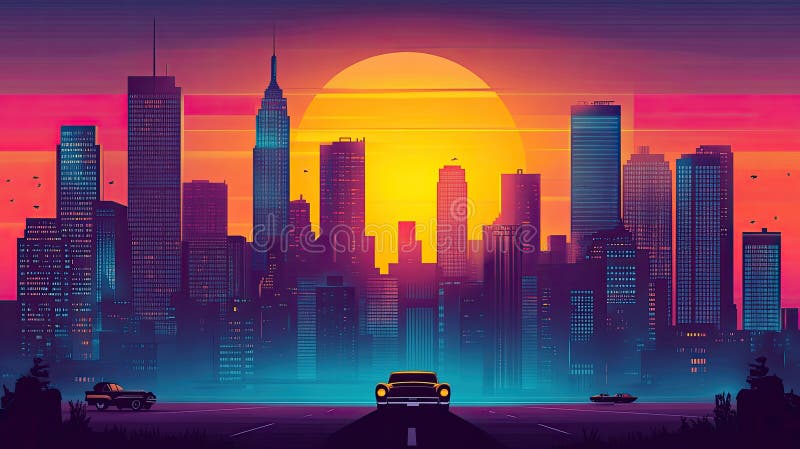 Retro Style Cityscape at Sunset with a Classic Car in the Foreground ...