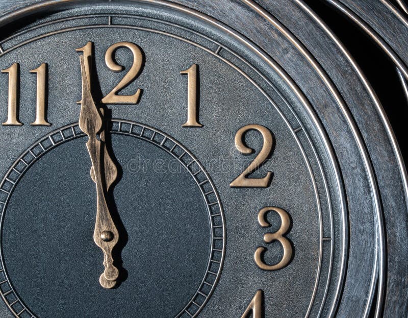 Retro Style Clock with Gold Like Numbers Showing One Minute To Midnight ...