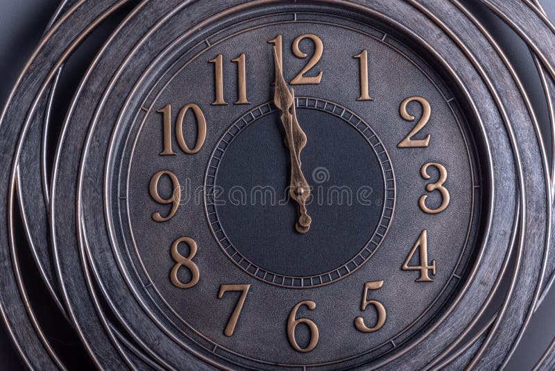 Retro Style Clock with Gold Like Numbers Showing One Minute To Midnight ...