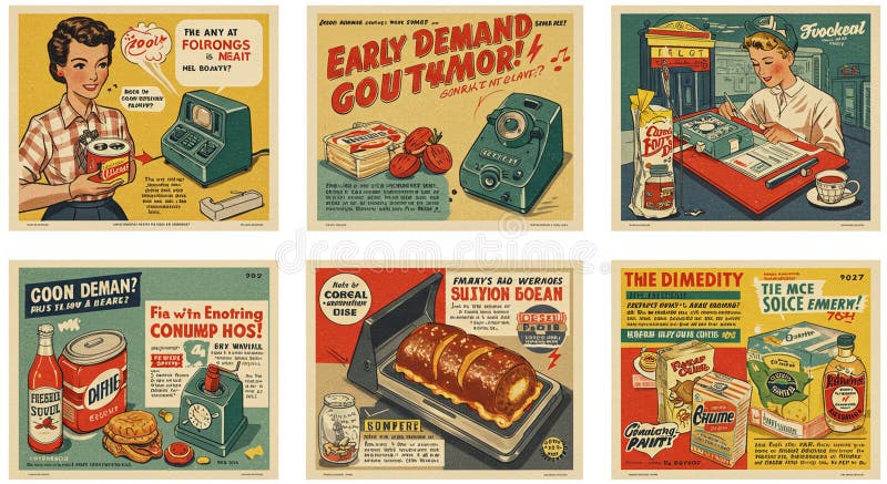 Retro-style Comic Art Illustrating Fictional 1950s Advertisements. Each ...