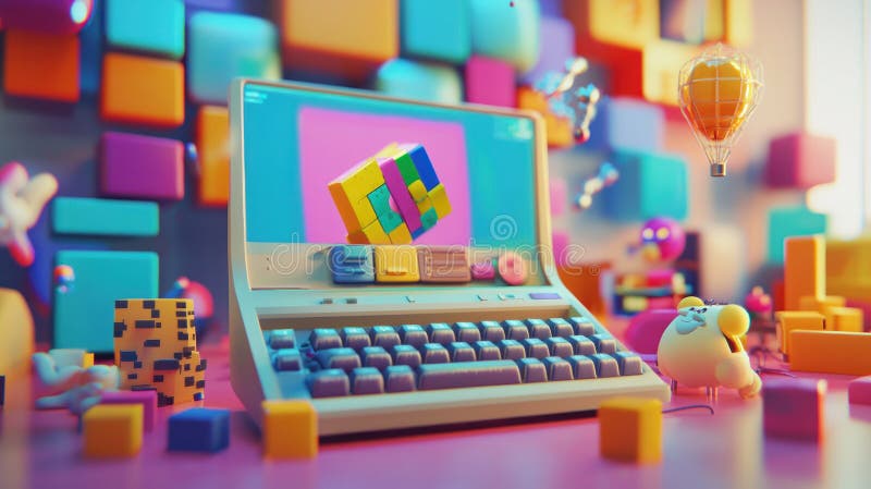 A Retro Style Computer with Colorful Blocks and Objects on a Desk Stock ...