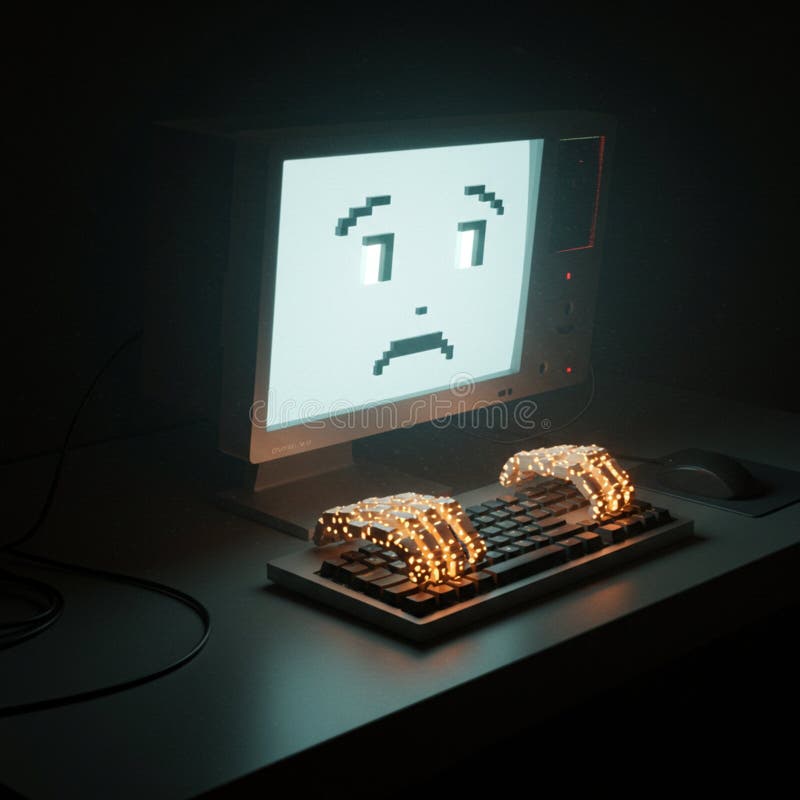 Retro-style Computer Monitor Displaying a Pixelated Sad Face. Keyboard Features Stock ...