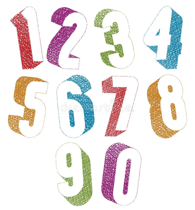 Retro Style 3d Bold Numbers Set with Hand Drawn Lines Texture. Stock ...