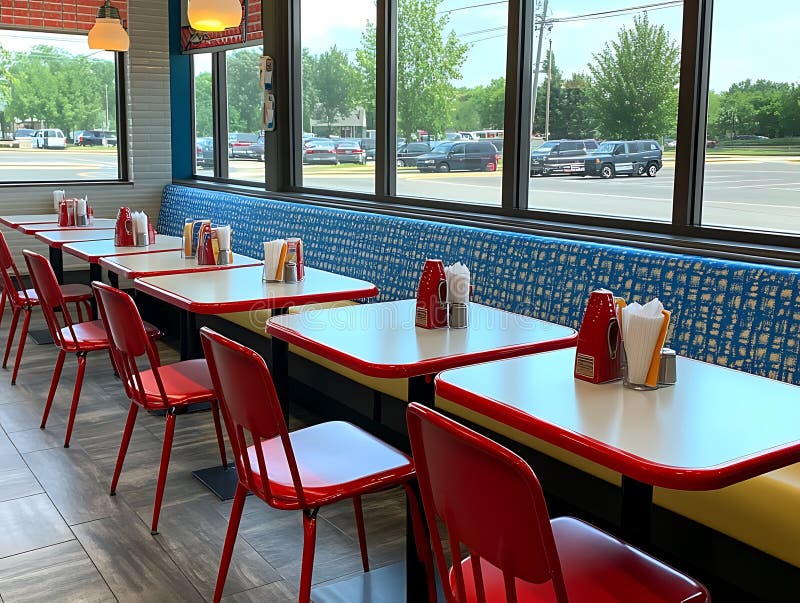 Retro-style Diner with Red Chairs, Empty Tables, and Sunlight from ...