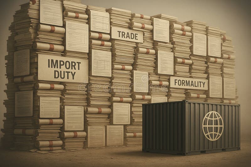 Retro Style Drawing of a Shipping Container Facing a Massive Wall of ...