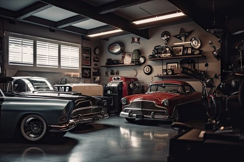 Retro-style Garage with Classic Cars, Tools and Music Stock ...