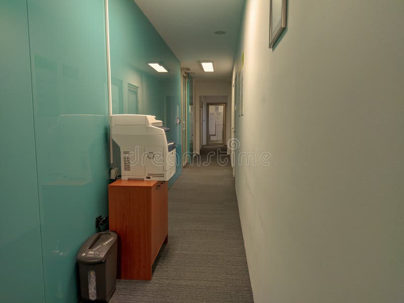 Retro Style Hallway at Work Office Job with Laser Printer Available for ...