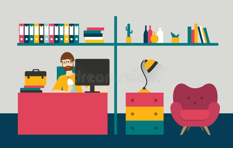 Retro Style Home Office. Man Work Day in Home Interior Stock Vector ...