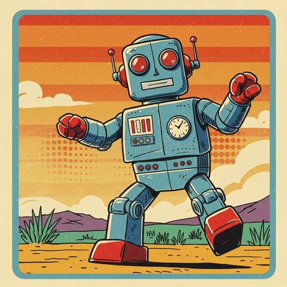 Retro-style Illustration of a Blue Robot with a Rectangular Body and ...