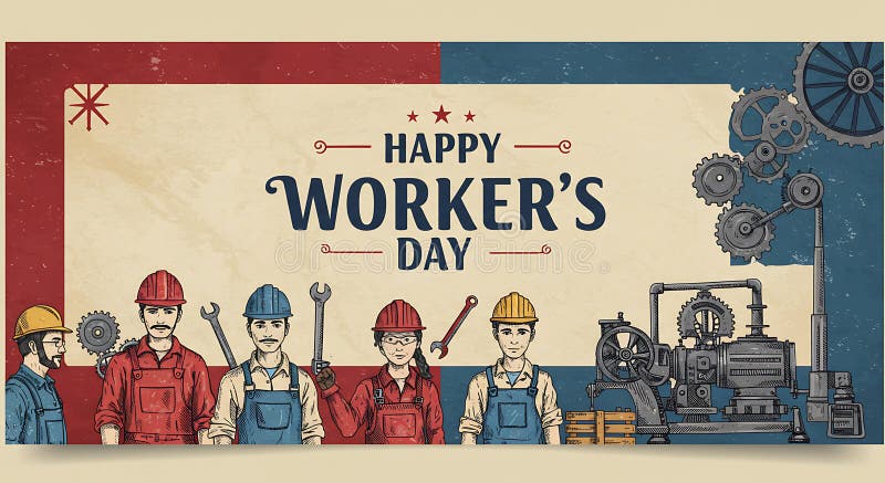 Retro-style Illustration Featuring Five Workers in Helmets and Uniforms ...