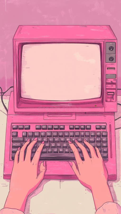 Retro Style Illustration of Hands Typing on a Vintage Pink Computer ...