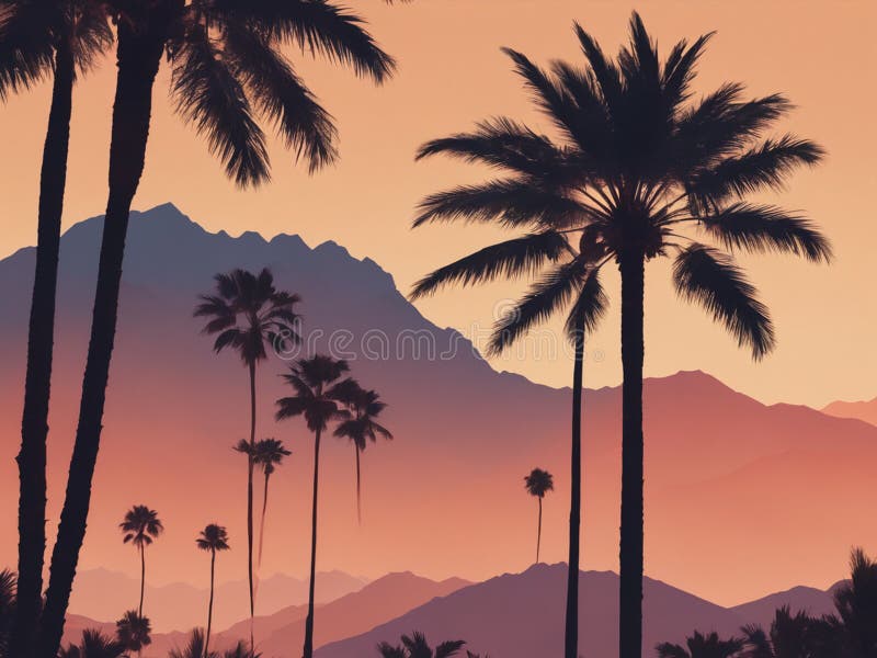 Retro Style Illustration of a Palm Tree and Mountains, Peach Tones ...