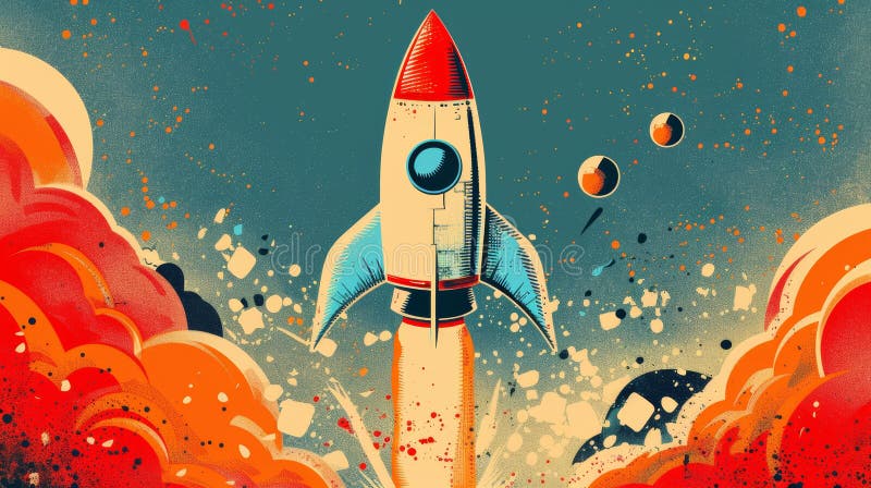 A Retro-style Illustration of a Rocket Launching into Space, Surrounded by a Fiery Blast-off ...