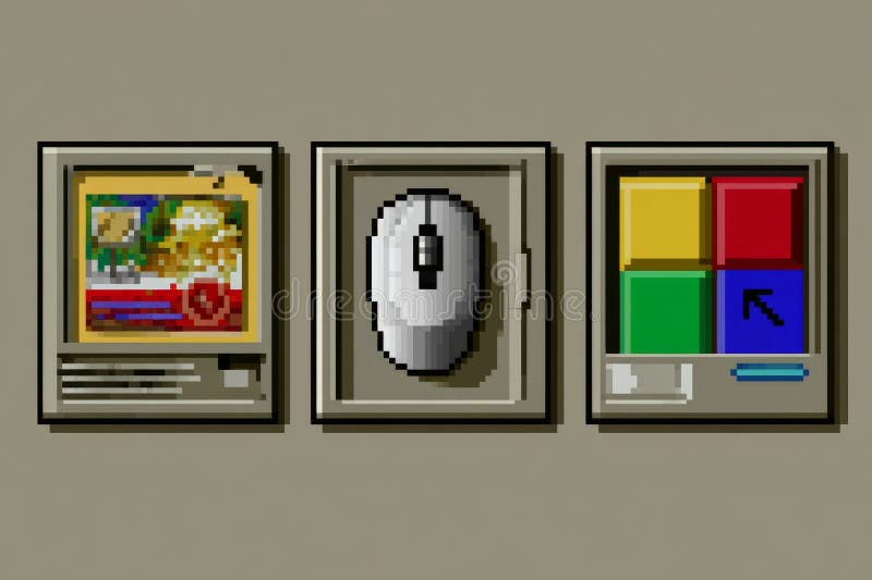 Retro Style Illustrations of Vintage Computer Graphics Include Symbols for Floppy Disks ...