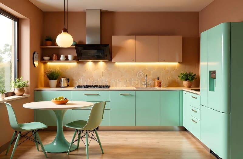 Retro Style Kitchen with Mocha Mousse Walls and Mint Accents Stock ...