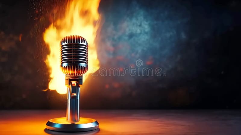 A Retro Style Microphone on Fire, Set Against a Dark Background ...