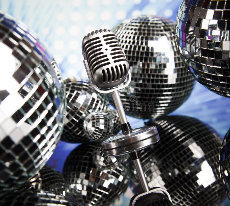 Retro Style Microphone on Sound Waves and Disco Balls Stock Image ...