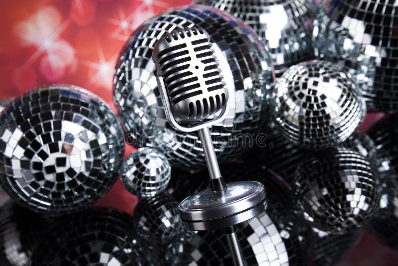 Retro Style Microphone on Sound Waves and Disco Balls Stock Photo ...