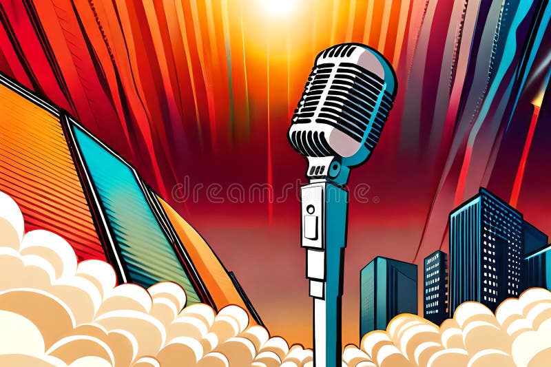 Retro Style Microphone on a Stage with Comic Background. Microphone ...