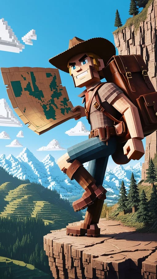 Retro-style Pixelated Character with a Map, Overlooking a Pixelated ...