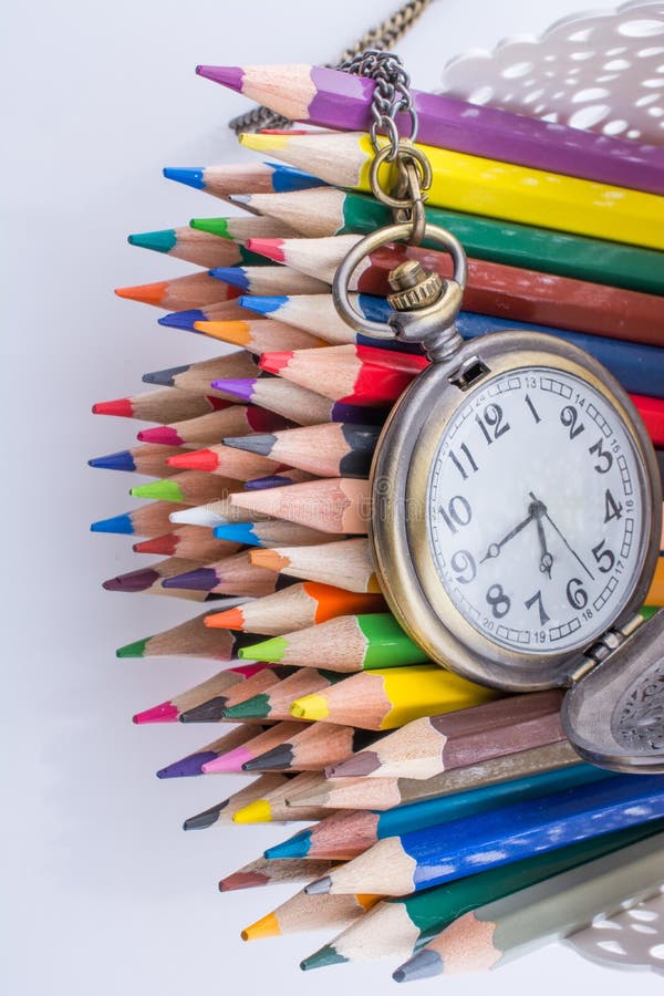 Retro Style Pocket Watch and Color Pencils Stock Image - Image of ...