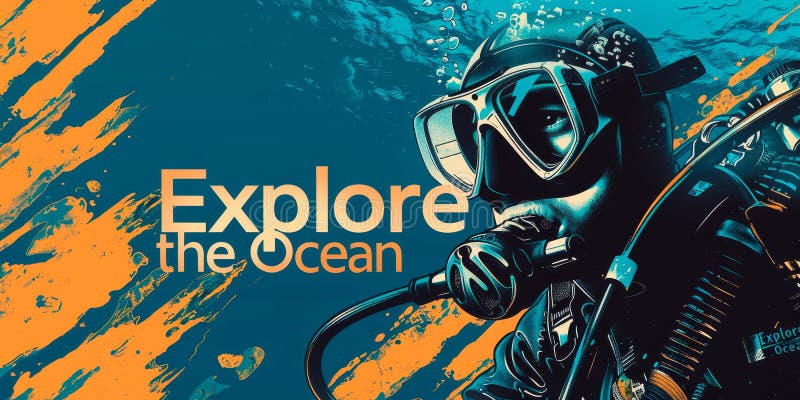 Retro-style Poster with a Scuba Diver and Explore the Ocean Stock Image ...