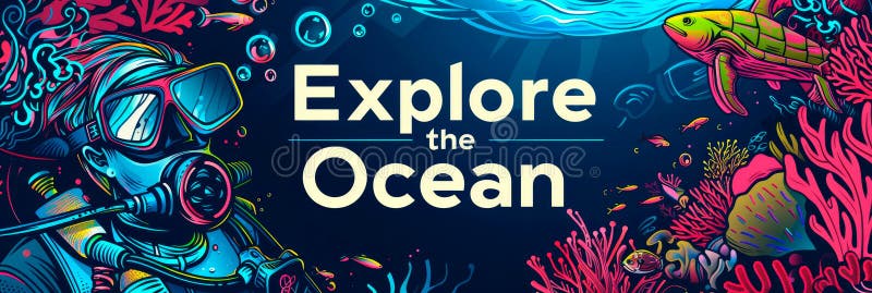 Retro-style Poster with a Scuba Diver and Explore the Ocean Stock Photo ...