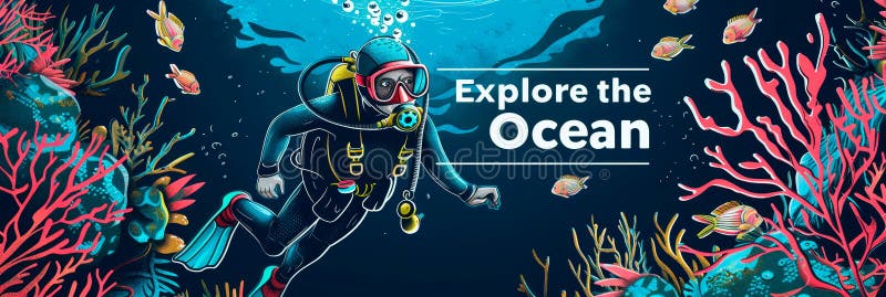 Retro-style Poster with a Scuba Diver and Explore the Ocean Stock Photo ...